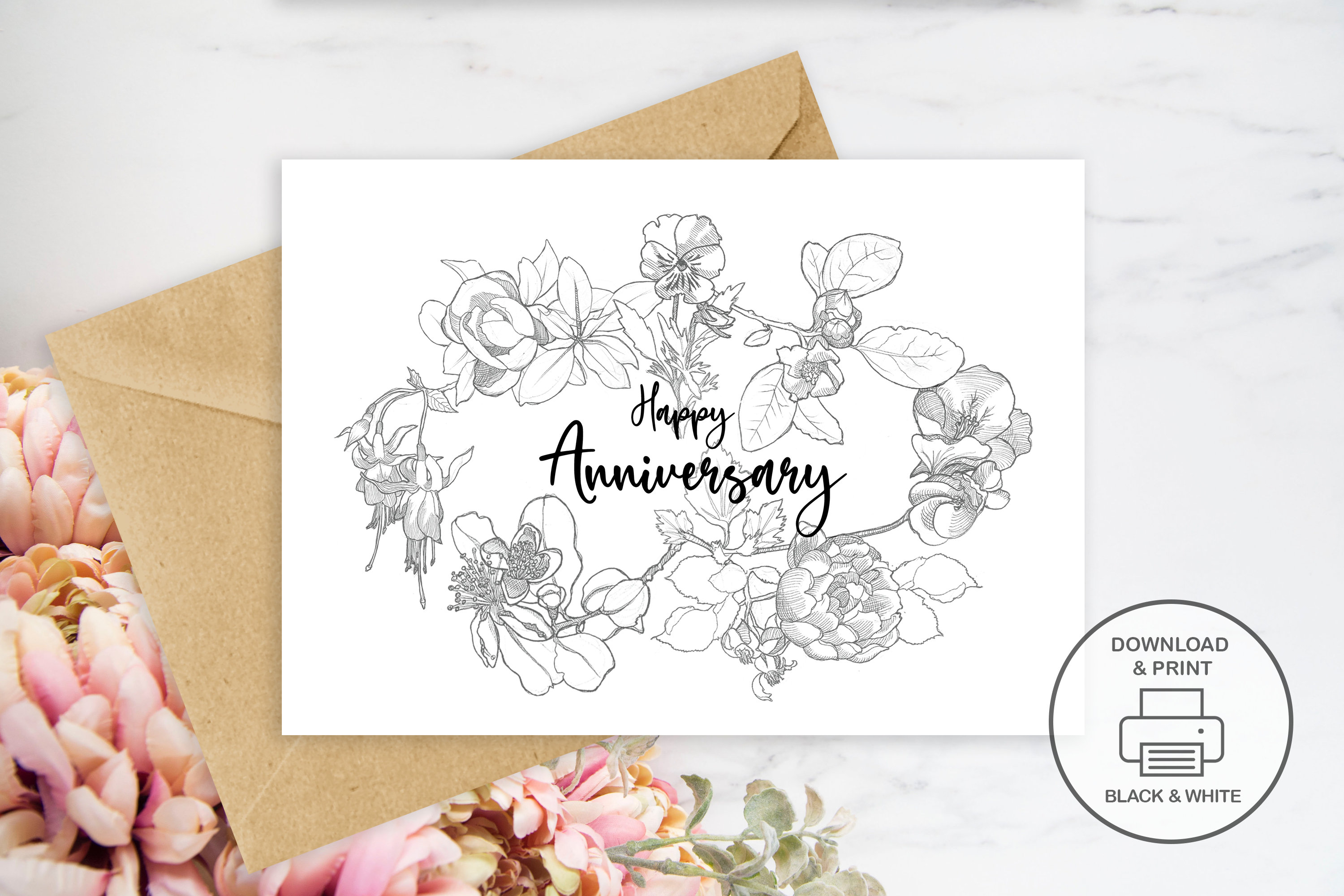 Happy Anniversary Printable Card. Hand Illustrated, Black and White ...
