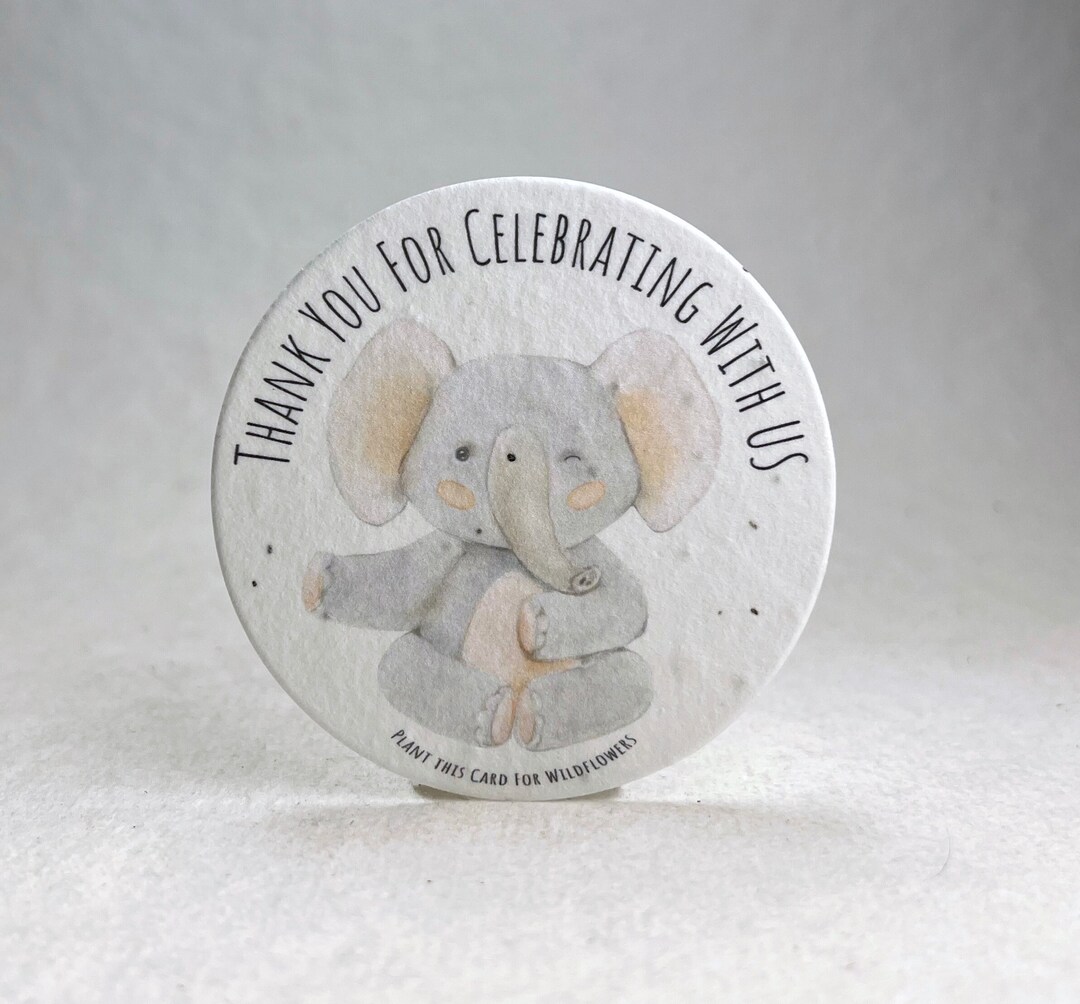 Plush Elephant Party Favor Thank You Seed Paper 3.25" Circle Tag Goody ...