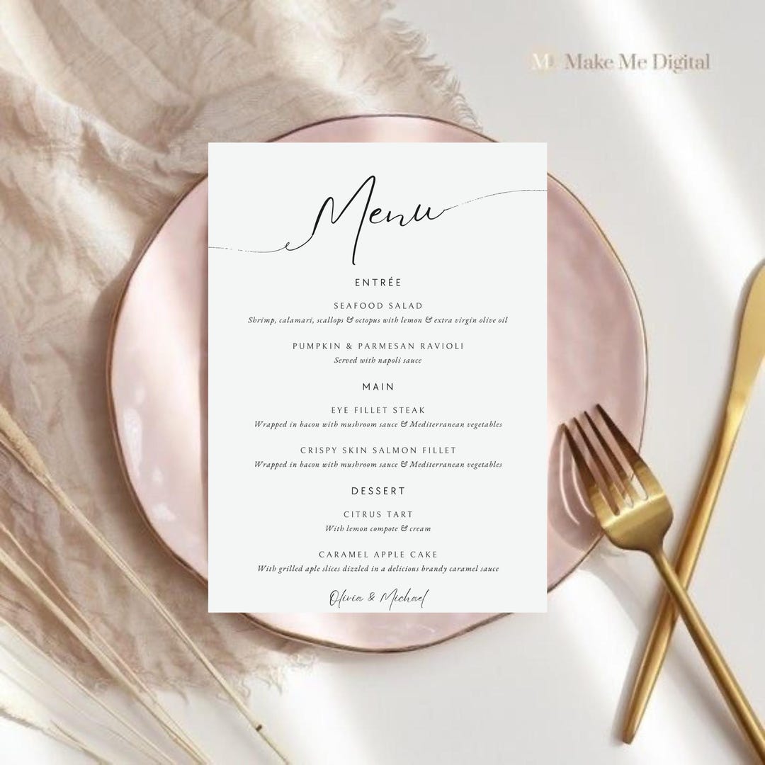 Wedding Menu Template, Minimalist Wedding Menu Card, Modern Elegant Dinner Menu, Printable 5x7 ...