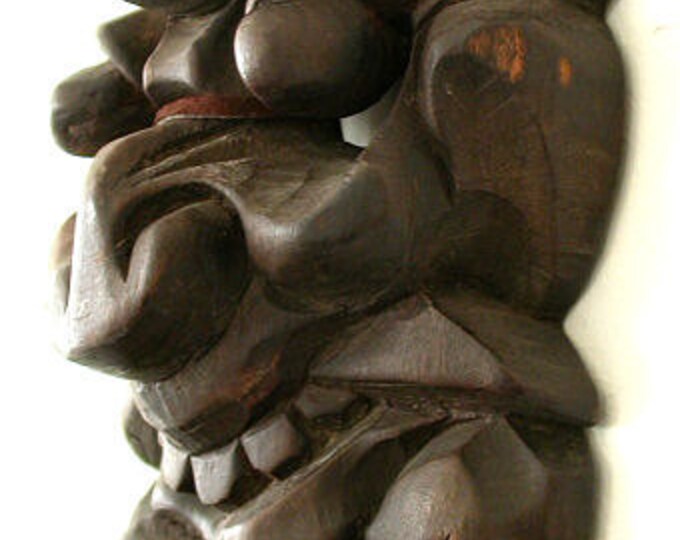 REDUCED 29" Smiling Devil Demon Faces Asian Wood Carving Leering Eyes ...