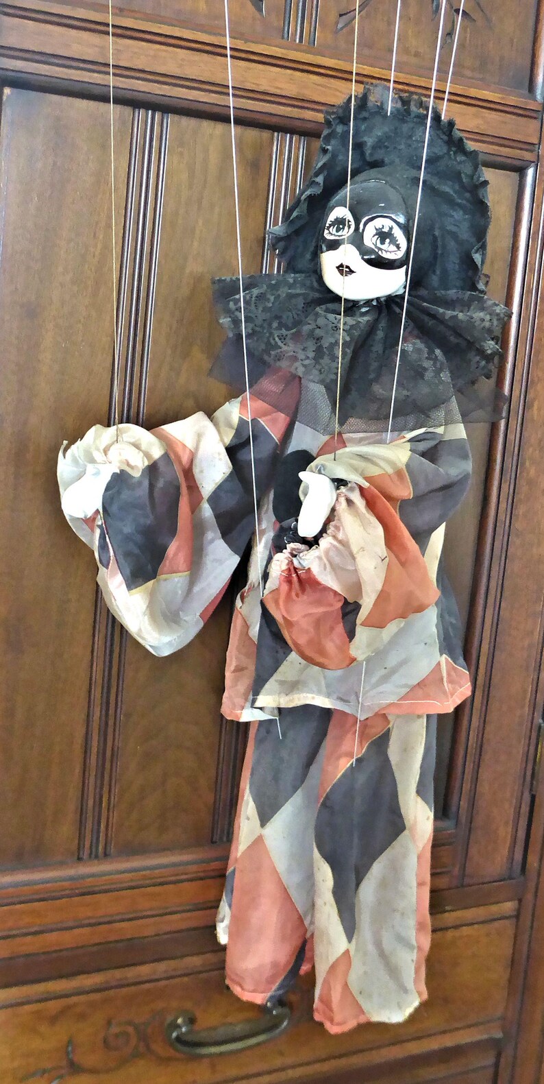 Vintage Marionette Hand-painted Ceramic Face Silk Clothes 6 Strings ...