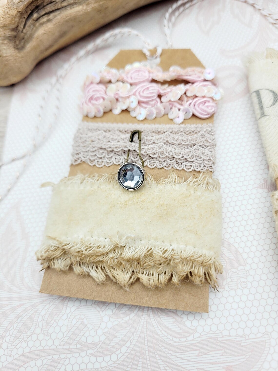 Shabby Chic Lace Trim Tags With Rhinestones: Coffee Dyed, Set of 3 - Etsy