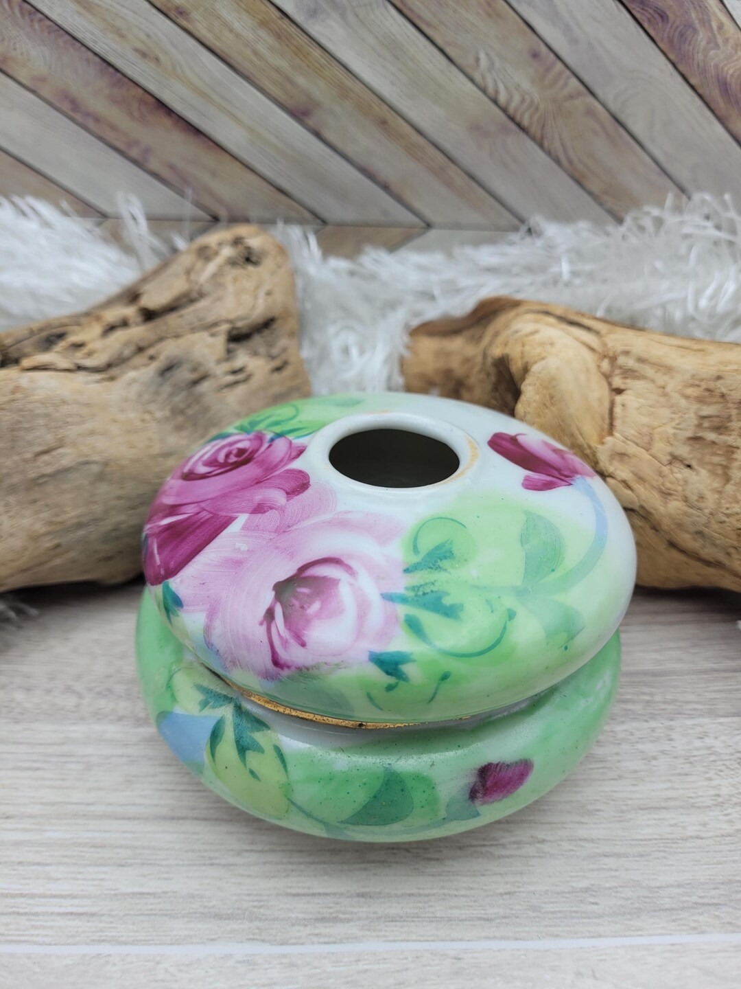 Antique Hair Receiver, Porcelain, Green and Purple, Roses, Vintage ...