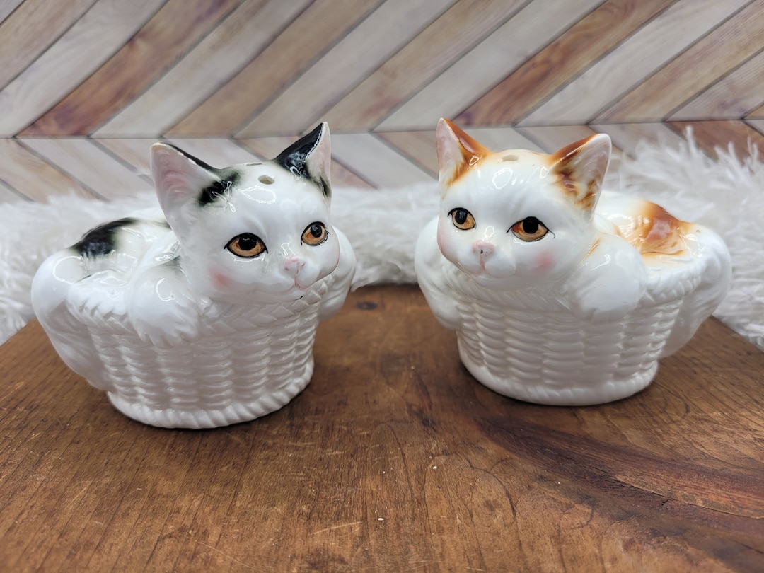 Cutest Cat Salt and Pepper Set, White Ceramic Cats in a Basket, Vintage ...