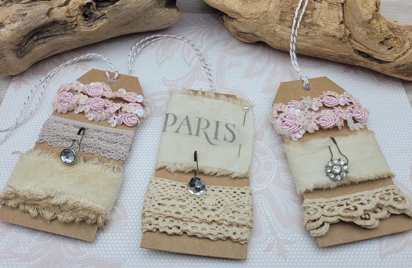 Shabby Chic Lace Trim Tags With Rhinestones: Coffee Dyed, Set of 3 - Etsy