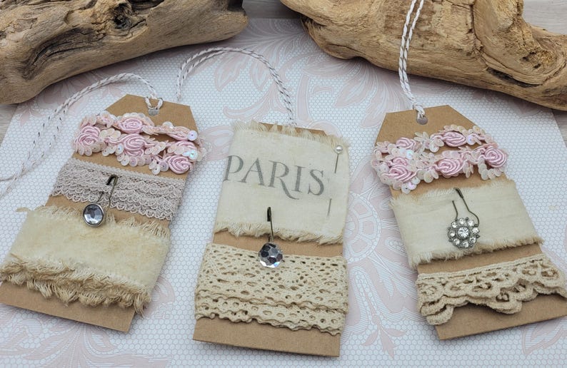 Shabby Chic Lace Trim Tags With Rhinestones: Coffee Dyed, Set of 3 - Etsy