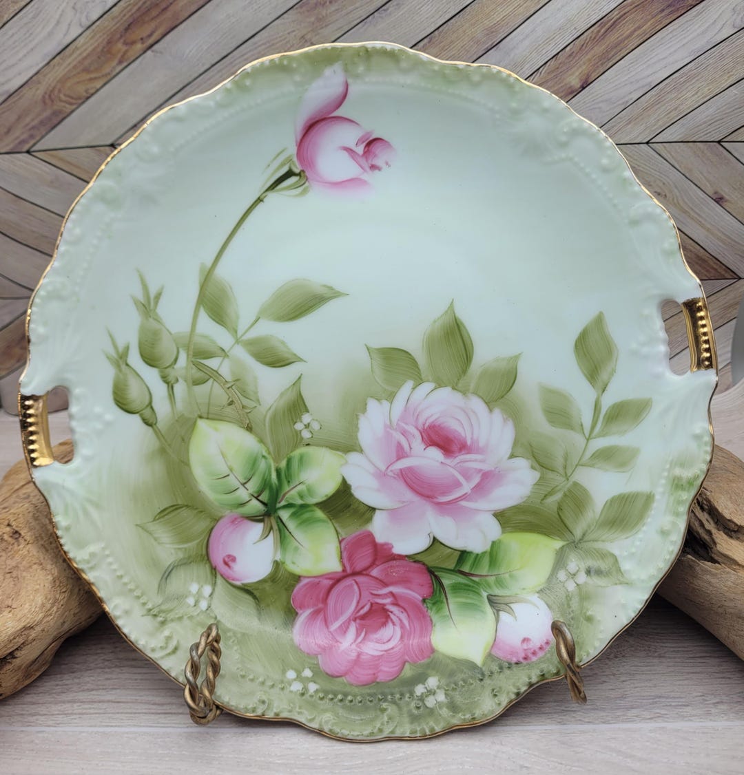 LEFTON Large Handled Plate, Decorative Floral, Green With Pink Roses ...