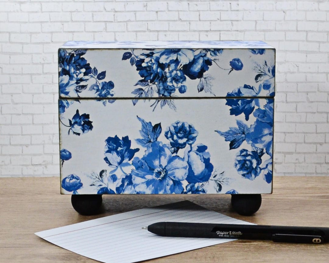 Blue Flower Index Card Box, Kitchen Recipe Card Organization - Etsy