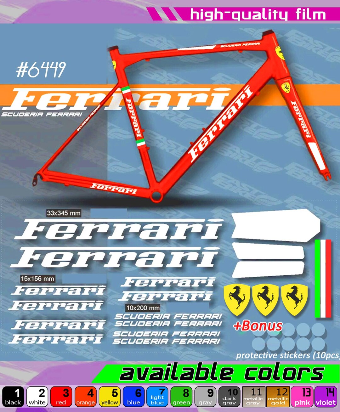 Ferrari Bicycle Frame Sticker Set and Fork. High Quality, Waterproof ...