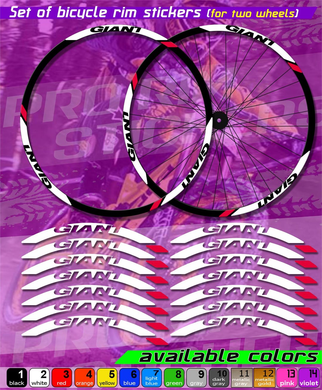 GIANT Set of Bicycle Rim Stickers. for 2 Rims on Both Sides. ALL Colors ...