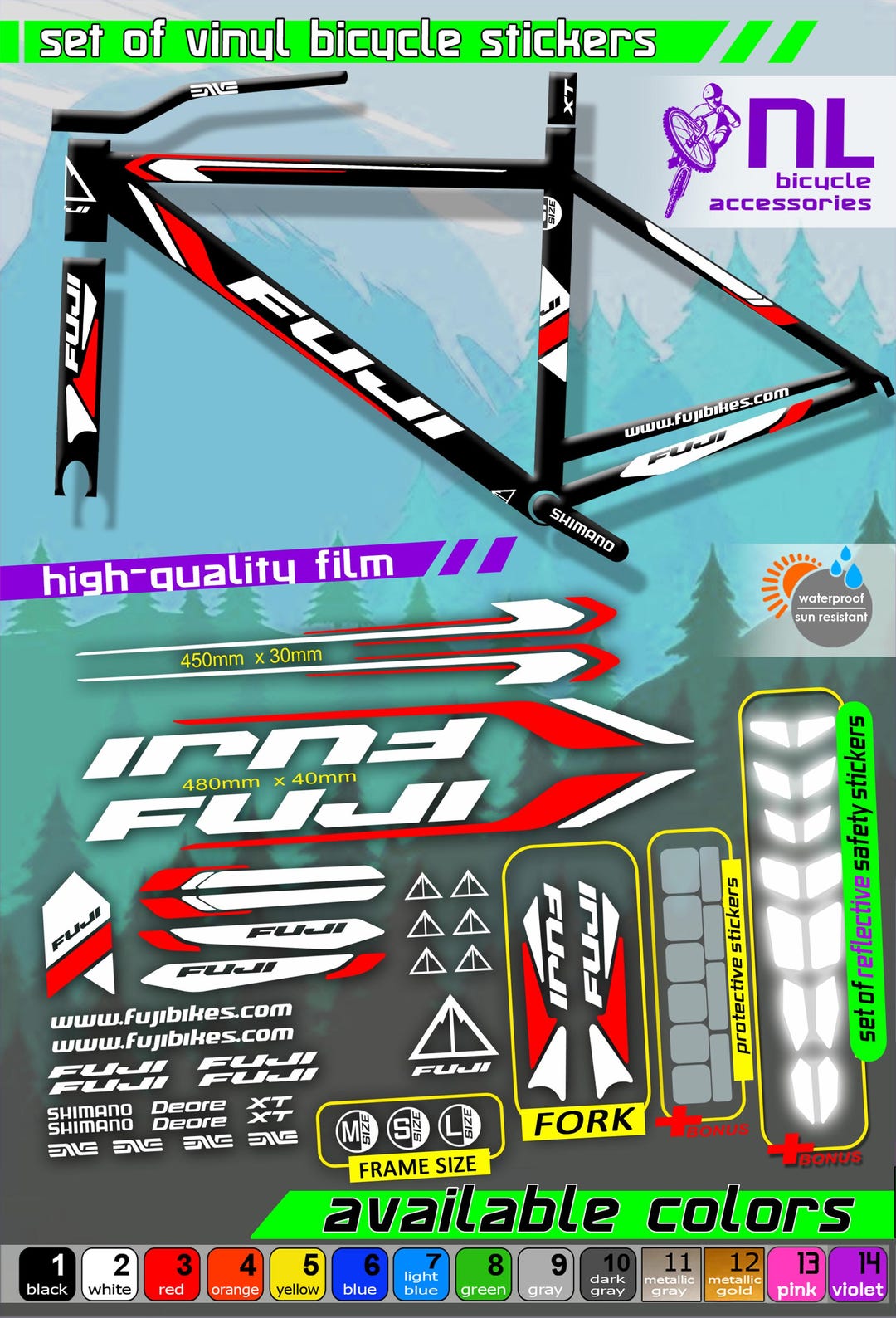 FUJI Bicycle BIG Frame Sticker Set and Fork. High Quality, Waterproof ...