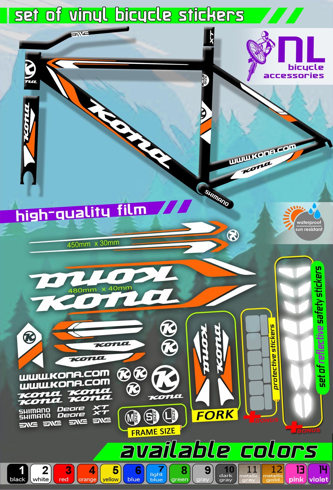 KONA Bicycle BIG Frame Sticker Set and Fork. High Quality, Waterproof ...