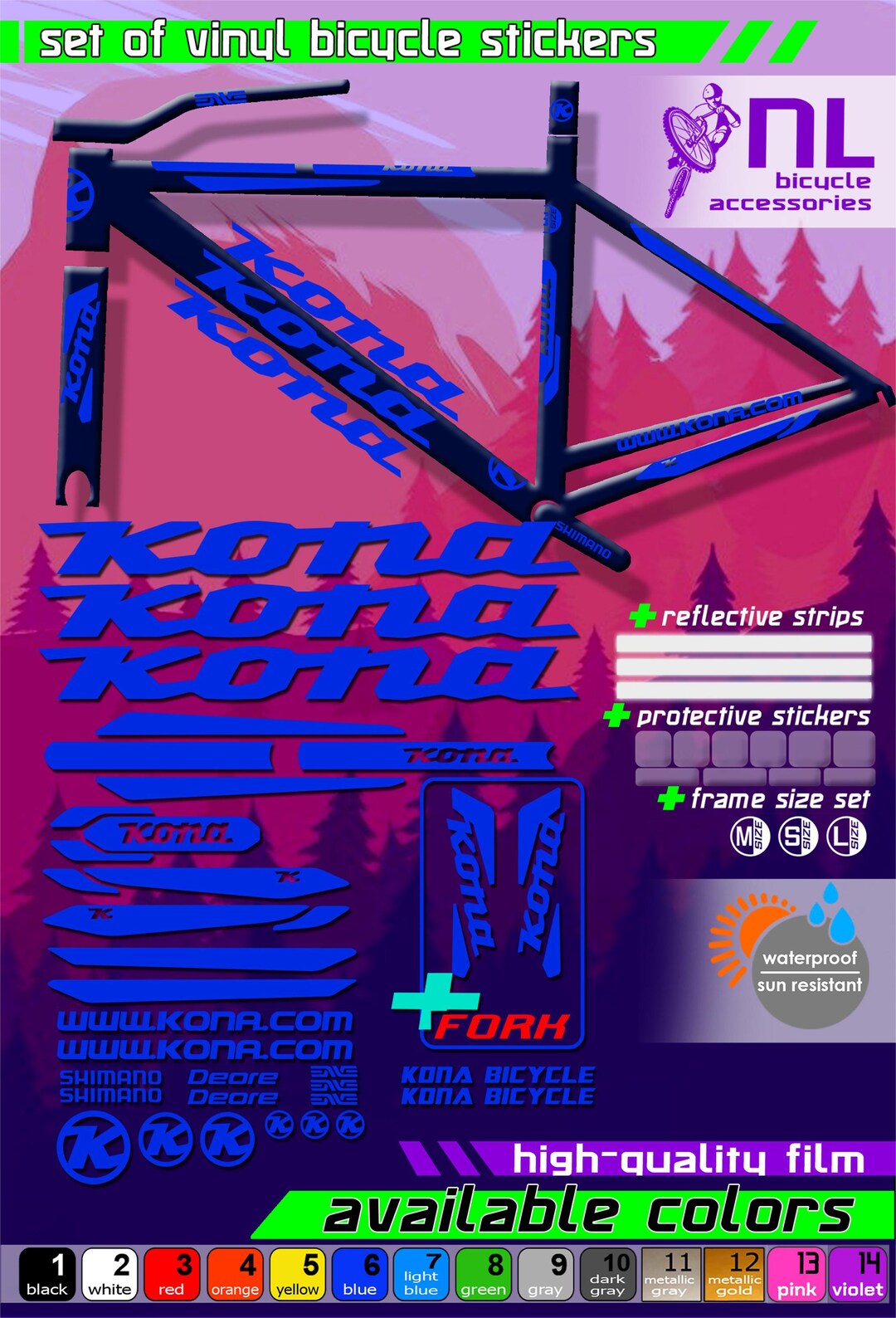 KONA Vinyl Stickers, for the Frame and Fork of the Bicycle. High ...