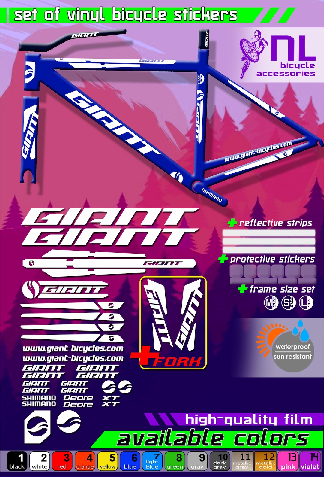 GIANT Vinyl Stickers, for the Frame and Fork of the Bicycle. High ...