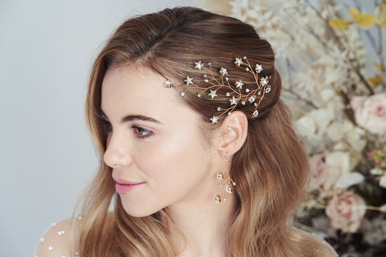 Stardust Bridal Hair Vine and Earrings Set, Constellation Hair Vine and ...