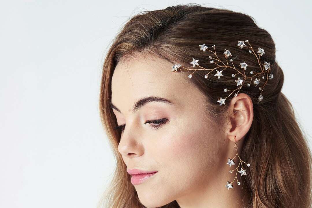 Stardust Bridal Hair Vine and Earrings Set, Constellation Hair Vine and ...
