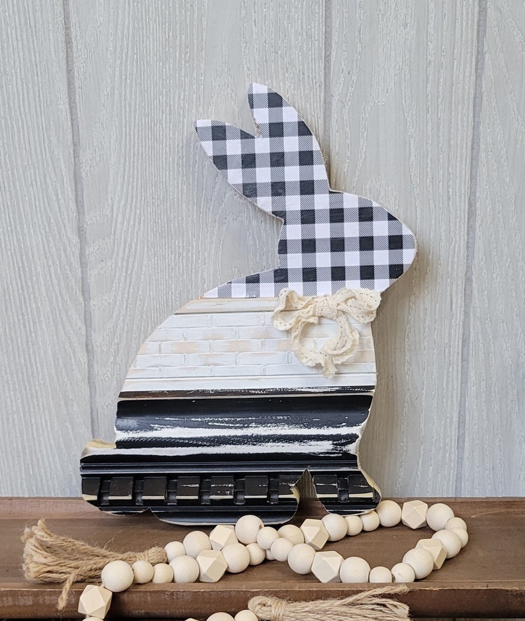 12" Black and White Reclaimed Wood Bunny. Decoupage Buffalo Check ...
