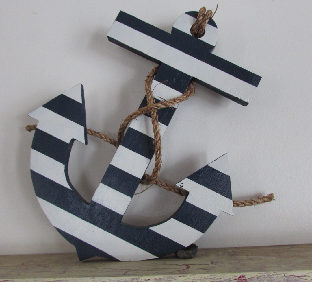 12-inch Nautical Stripe Wood Anchor. Handmade Navy and White Striped ...