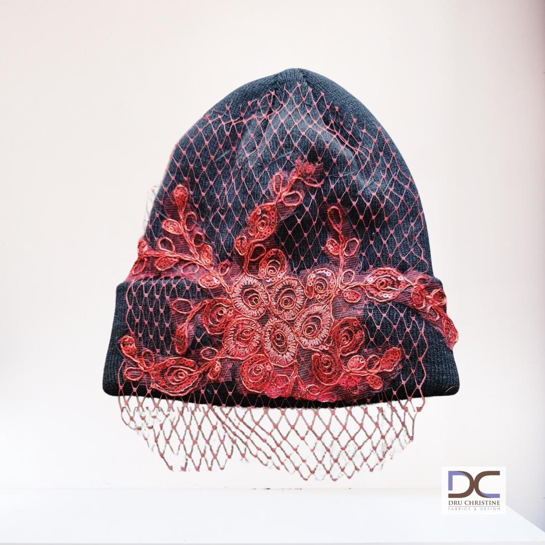 Veiled Red Beanie Hat With Embellishment and Veil, Hat Fascinator Veil ...