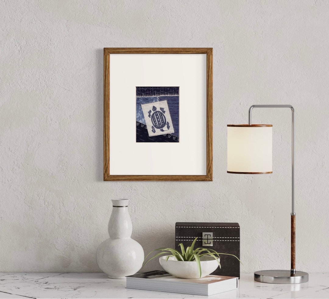 Printed Sea Turtle Textile Collage, Ready to Frame, Modern Quilt Art ...