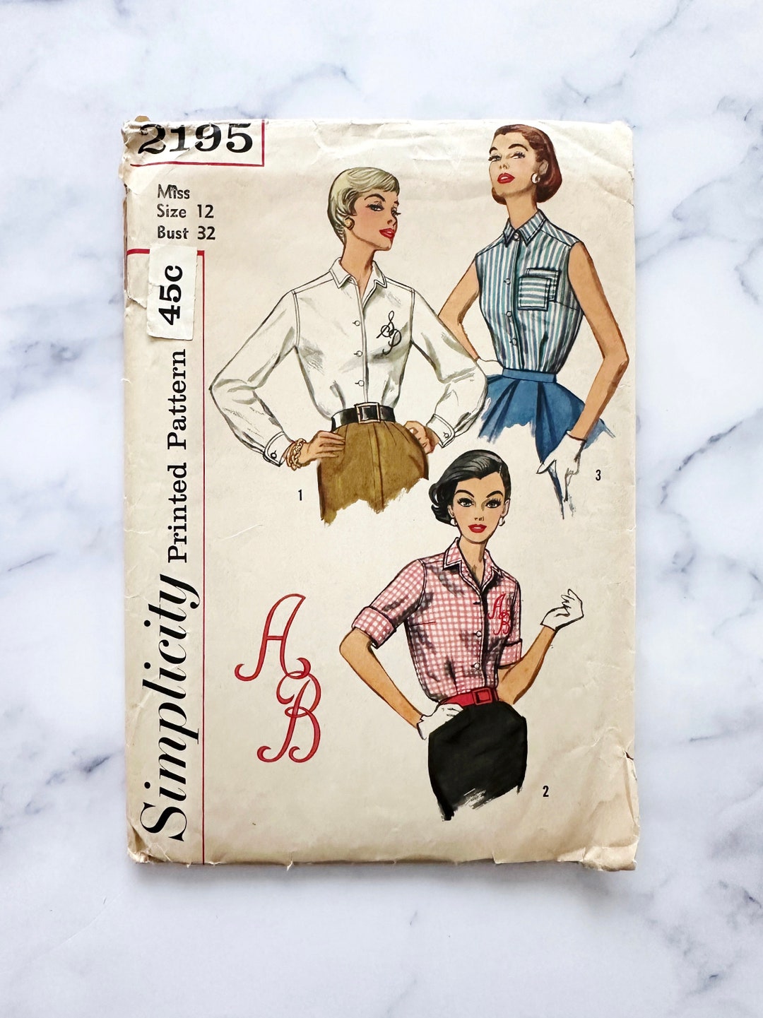 50s Simplicity 2195 32 Bust. Monogram Long Short Cuff Sleeve Button ...