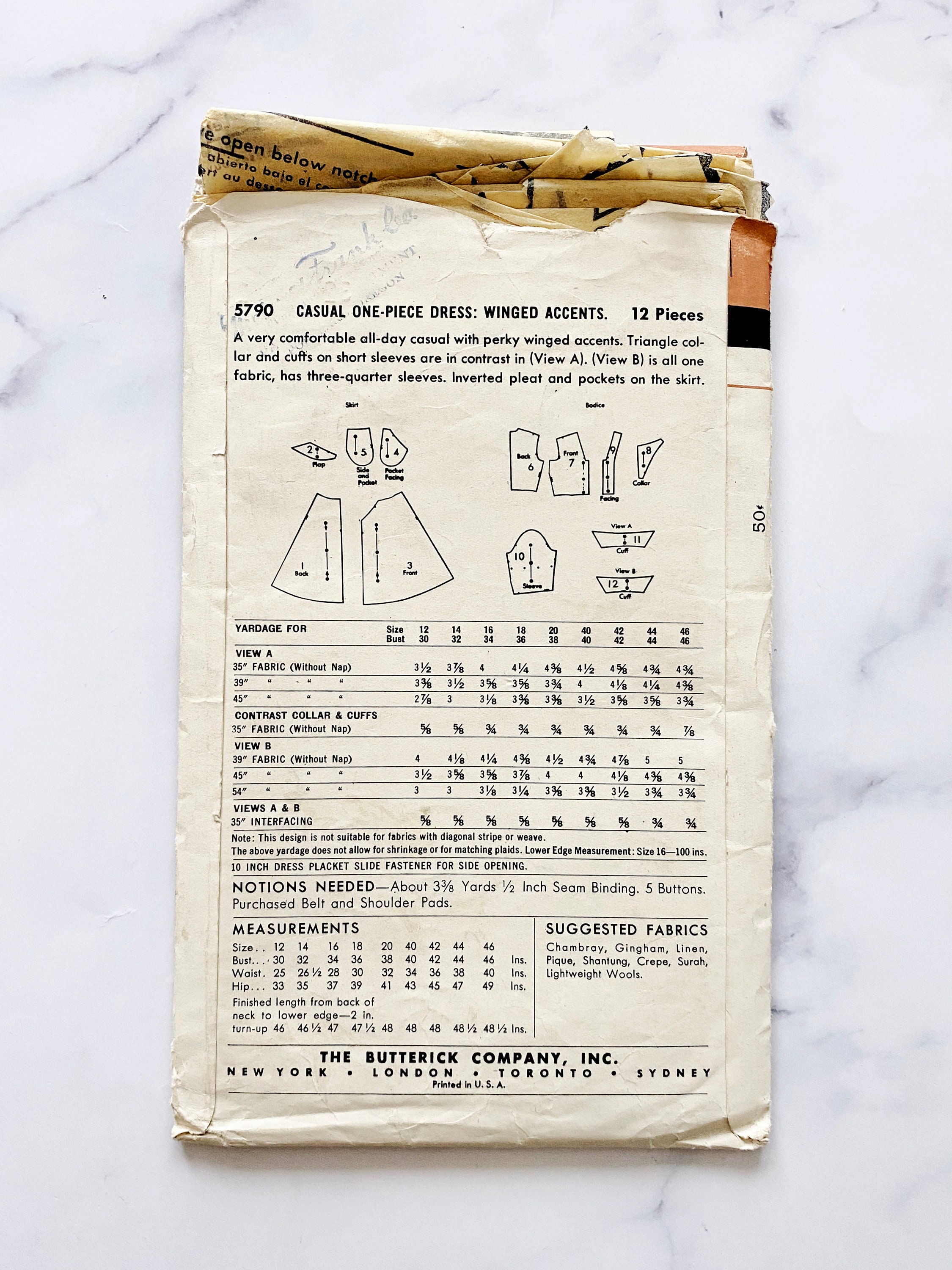 50s Butterick 5790. 32 Bust. Fit Flare Wing Collar Button Shirt Dress ...