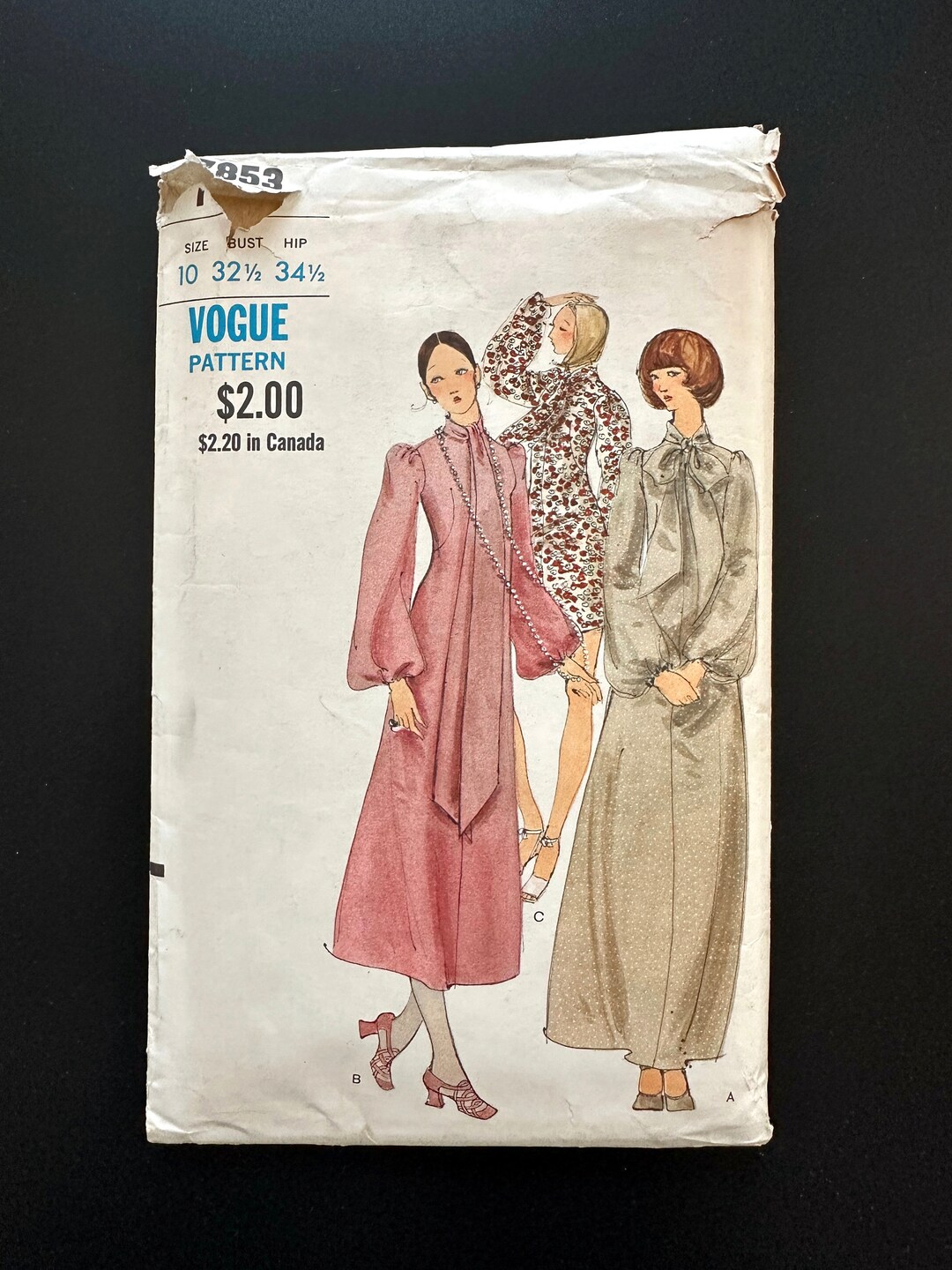 70s Vogue 7853. 32.5 Bust Uncut Ff. Long Bishop Sleeve Bow Scarf Tie ...