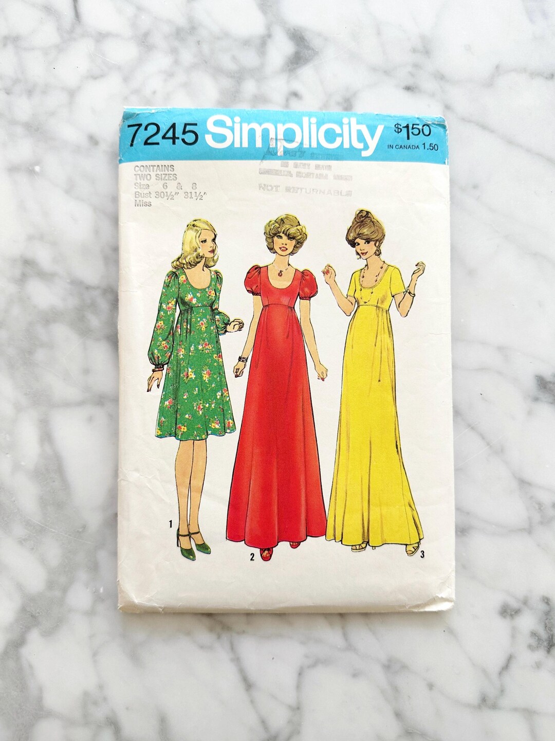 70s Simplicity 7245. 30, 34 Bust. Retro Empire Waist Scoop Neck Maxi ...