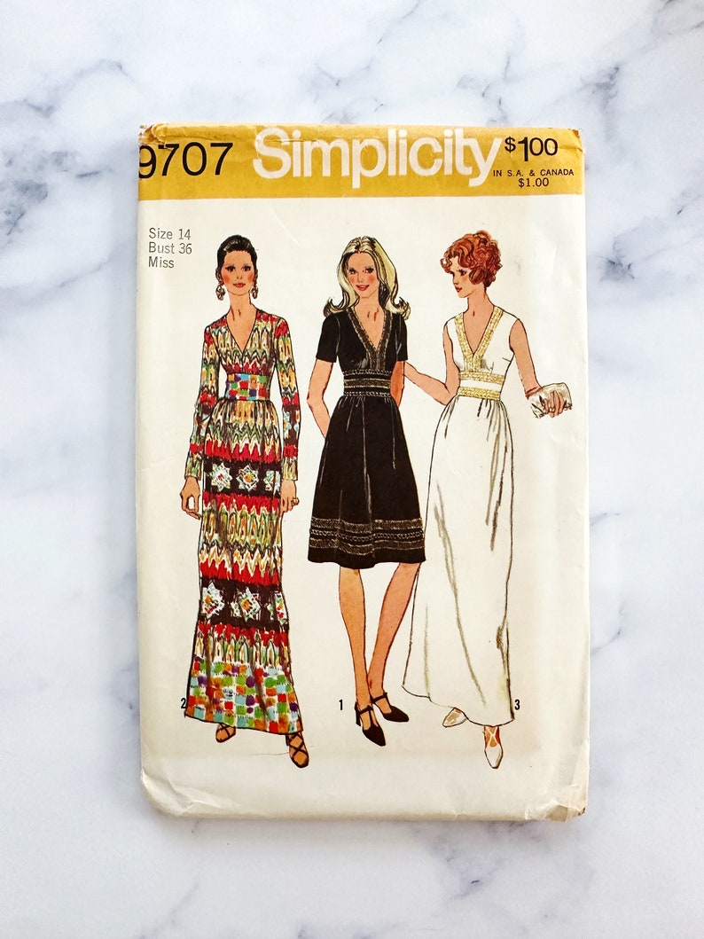 70s Simplicity 9707. 36 Bust. Long Sleeve Empire Waist Cocktail Dress ...