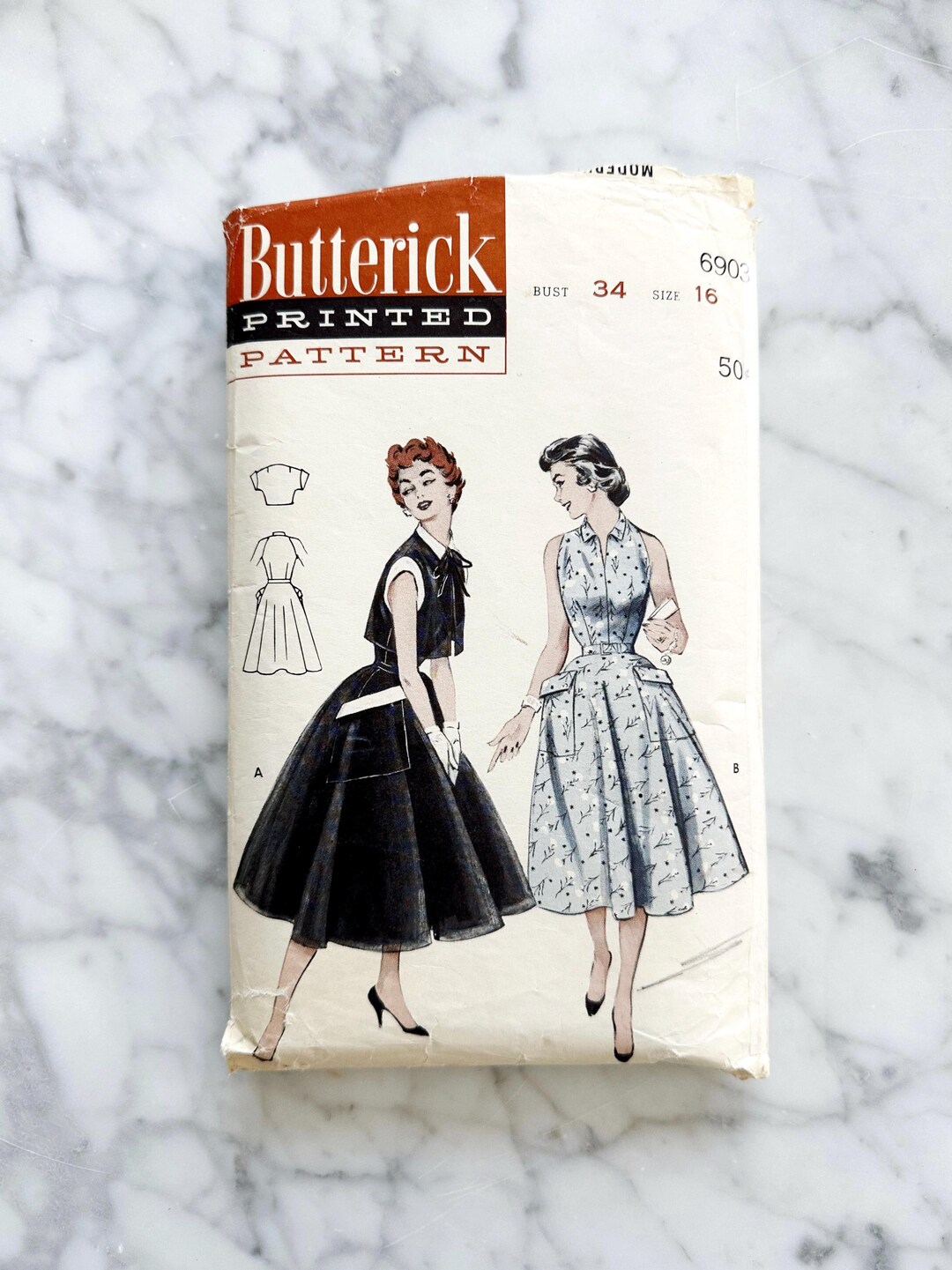 50s Butterick 6903. 34 Bust. Circle Skirt Sleeveless Collar Dress ...