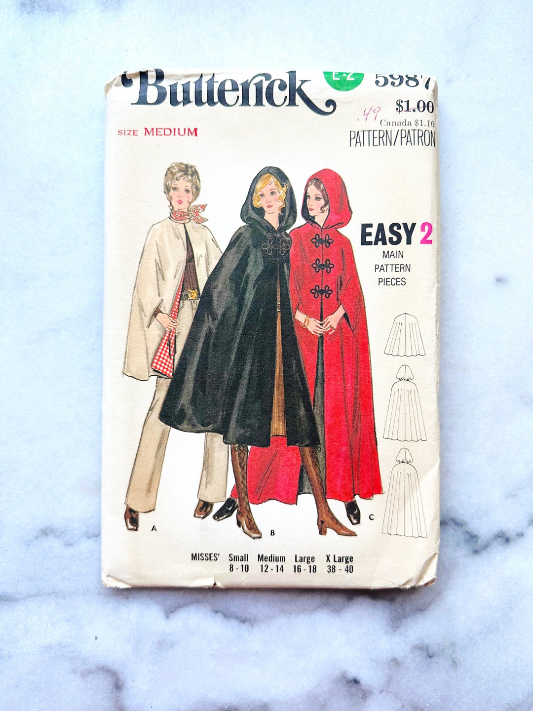 70s Butterick 5987.36 Bust M Ff. Retro Mod Hooded Long Maxi Length ...