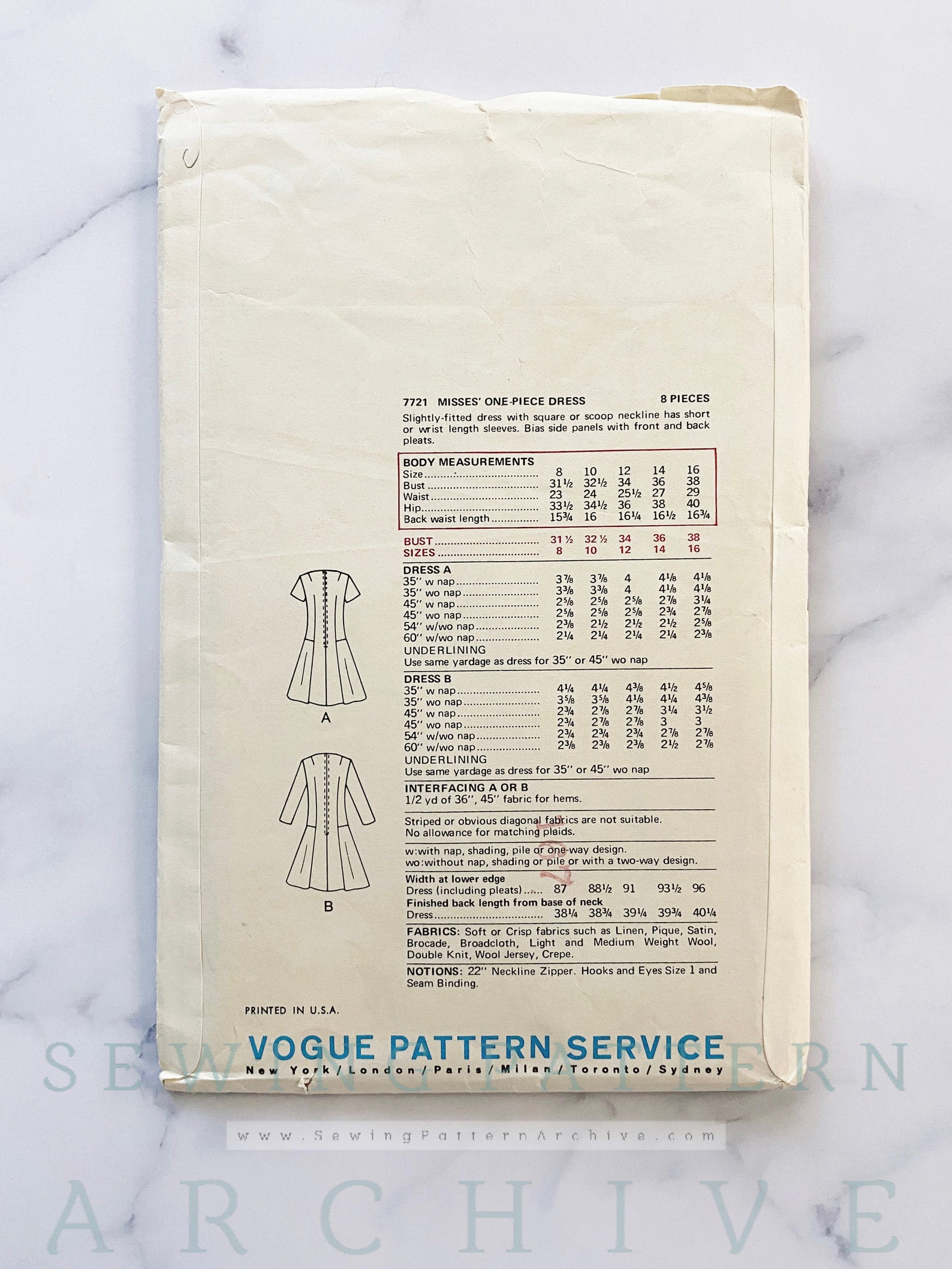 70s Vogue 7721. 36 Bust. Drop Waist Long Short Sleeve Fit Flare Dress ...
