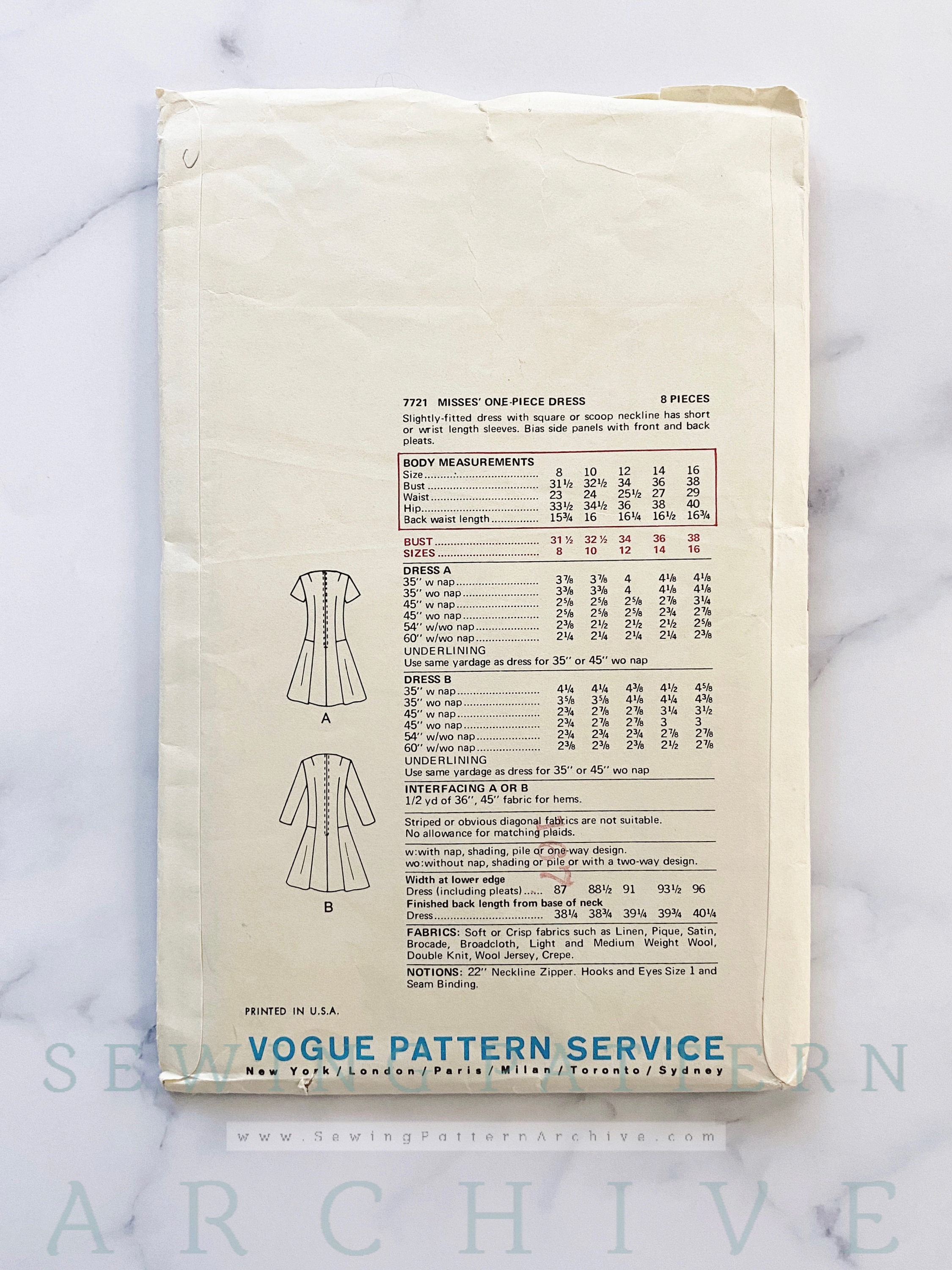 70s Vogue 7721. 36 Bust. Drop Waist Long Short Sleeve Fit Flare Dress ...