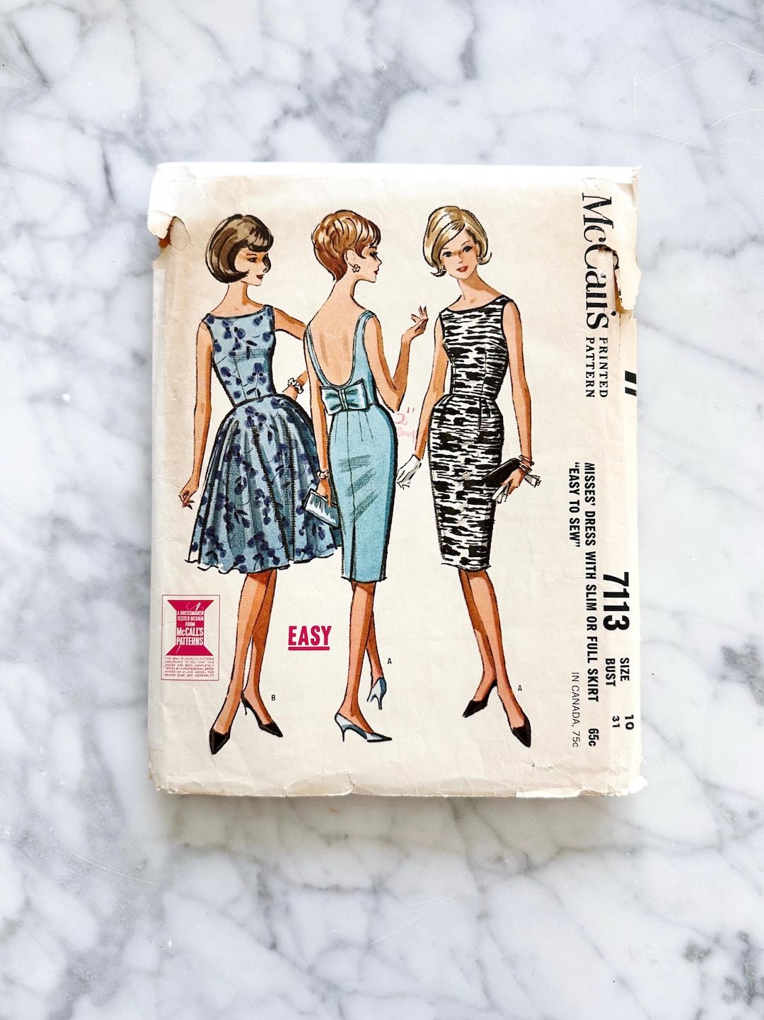 60s Mccalls 7113. 31 Bust. Fit and Flare Cocktail Dress. Boat Neck Back ...