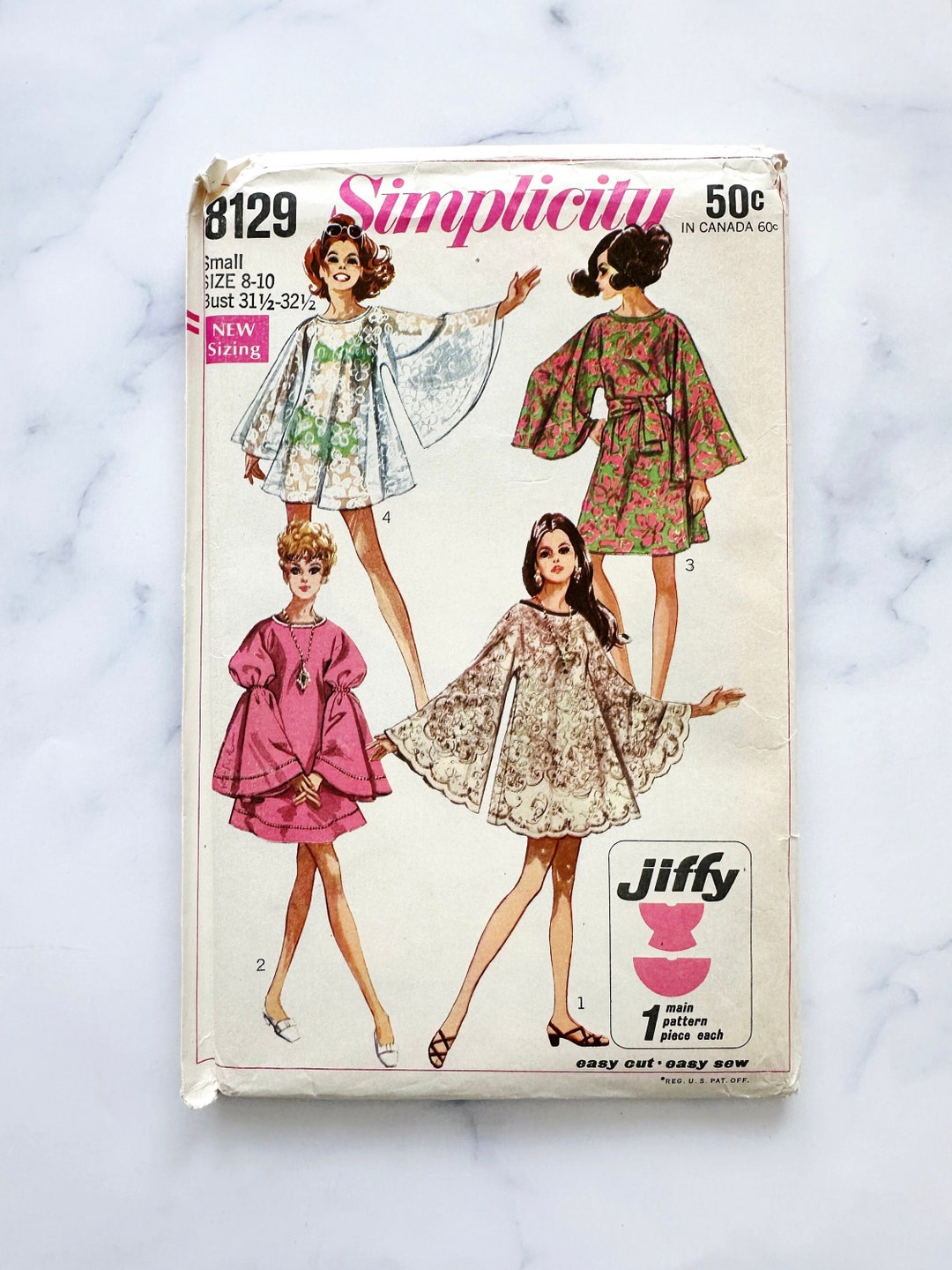 60s Simplicity 8129. Small 31-32 Bust Ff. Long Bell Sleeve Angel Mini Loose Dress. Mod Retro ...