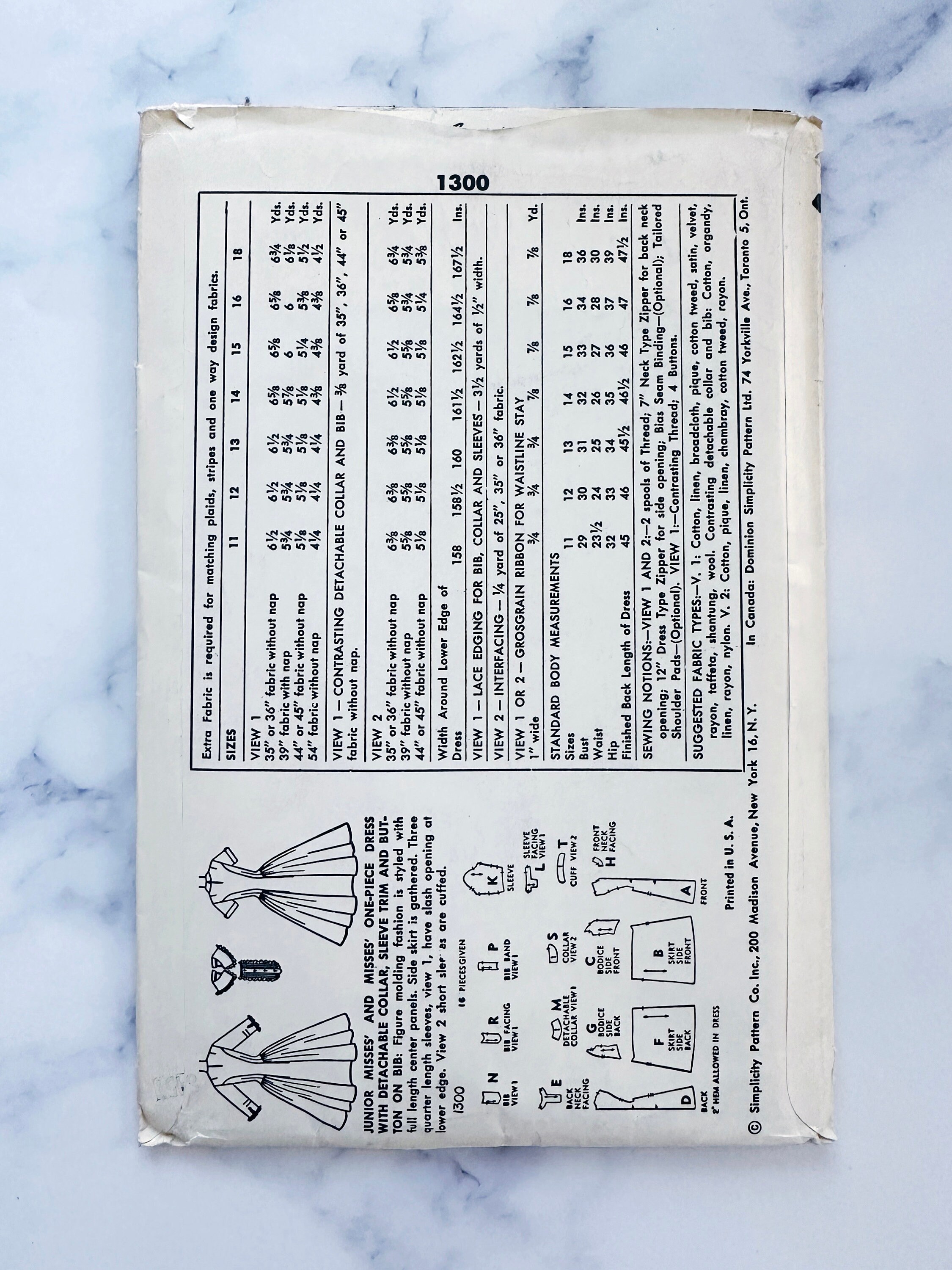 Simplicity 1300. 30 Bust Uncut. Drop Princess Waist Collar Full ...