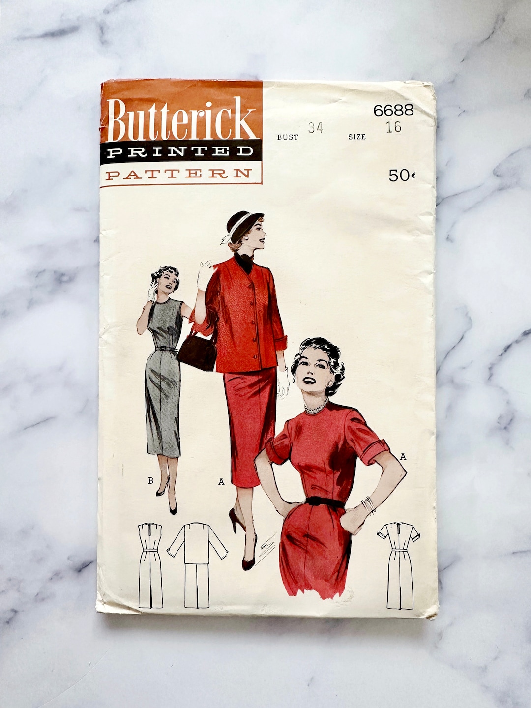 50s Butterick 6688. 34 Bust Ff. Slim Pencil Skirt Short Sleeve Sheath ...