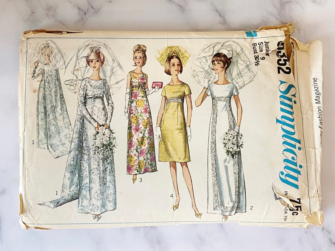 60s Simplicity 6352. 30.5 Bust. Mod Retro Empire Waist Wedding Dress ...