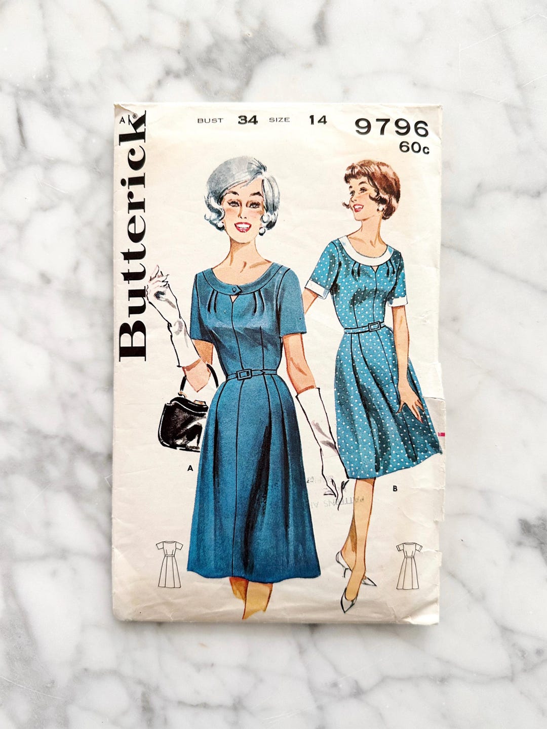 60s Butterick 9796. 34 Bust. Scoop Cut Out Front Tab Neckline Fit Flare ...