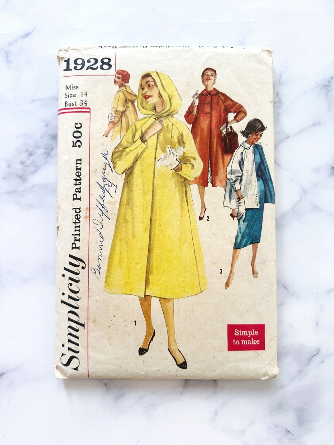 50s Simplicity 1928. 34 Bust Retro Oversized Long Cape Hooded Jacket ...