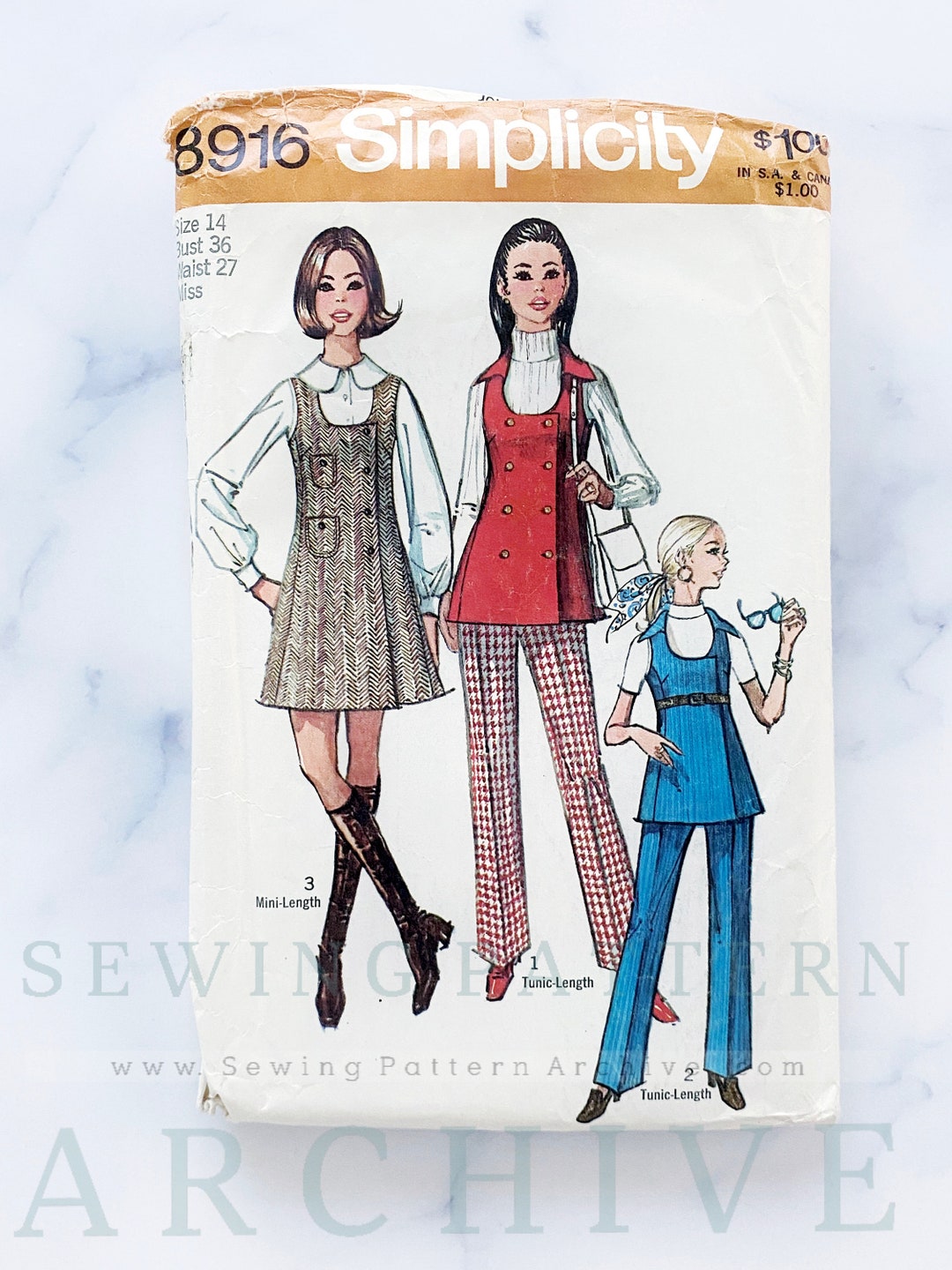 70s Simplicity 8916 36 Bust. Button Wrap Tunic Mini Shift Jumper Apron ...