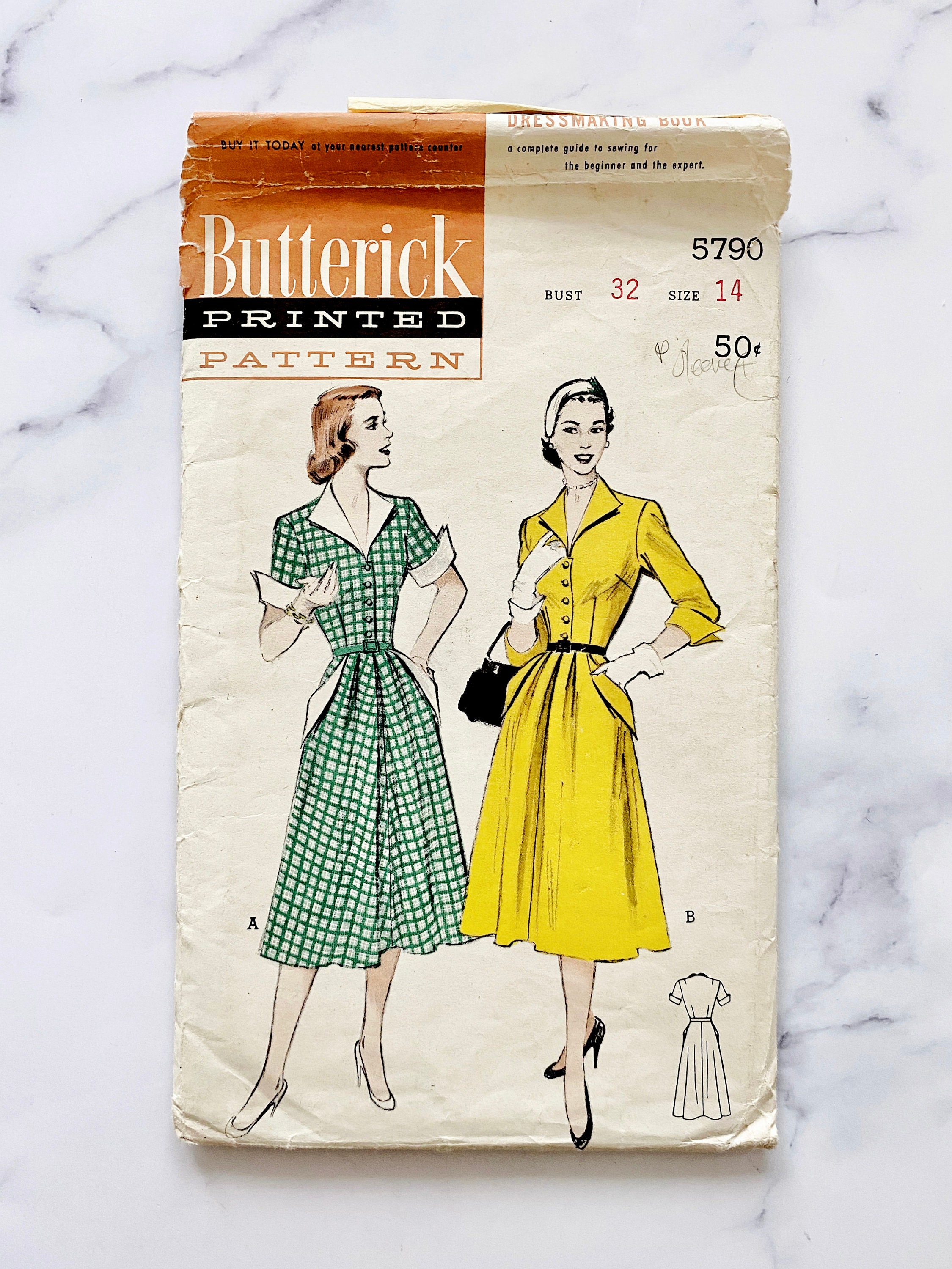 50s Butterick 5790. 32 Bust. Fit Flare Wing Collar Button Shirt Dress ...