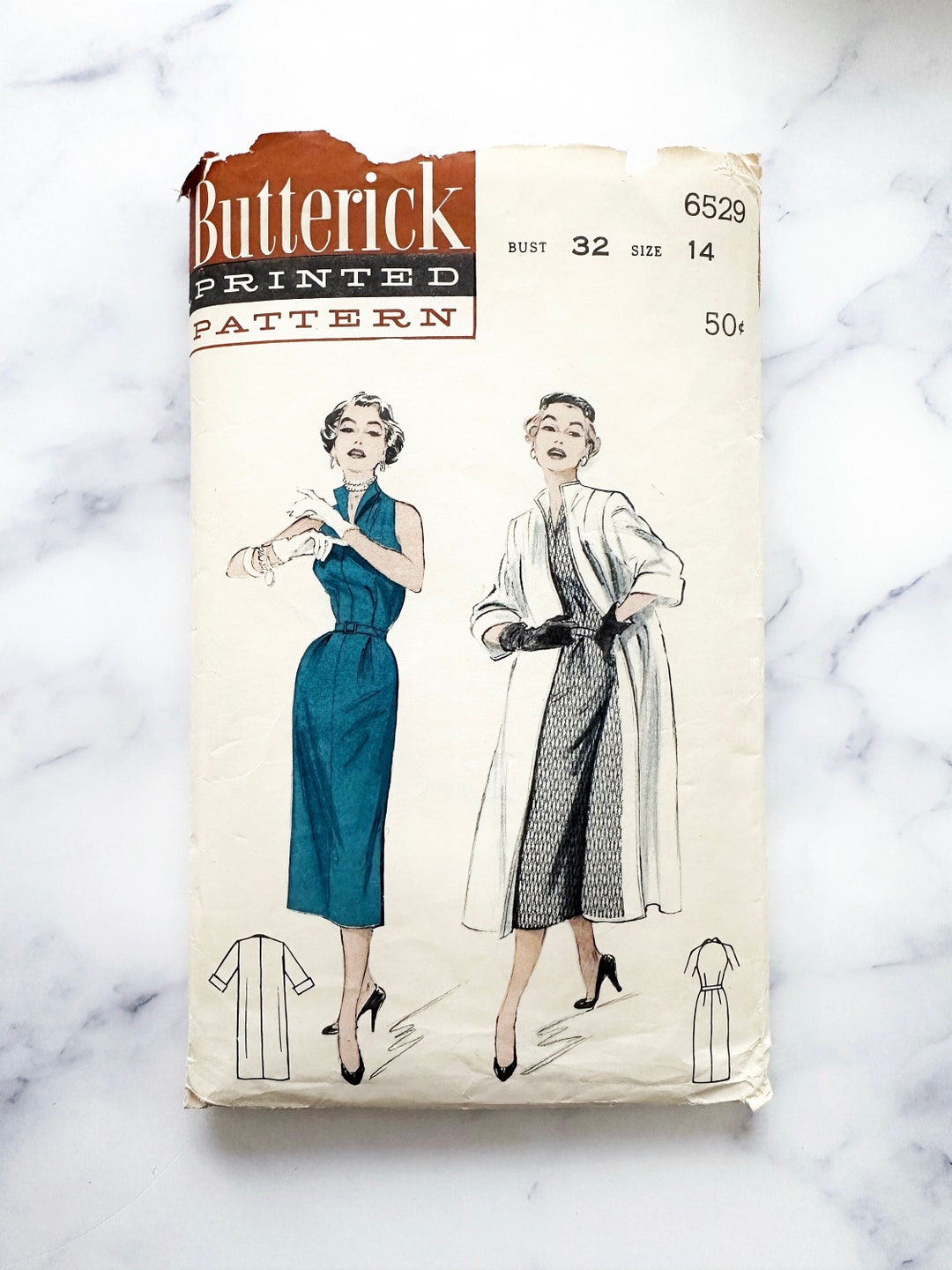 50s Butterick 6529. 32 Bust. 1950s Vintage Sewing Pattern. Slim Pencil ...