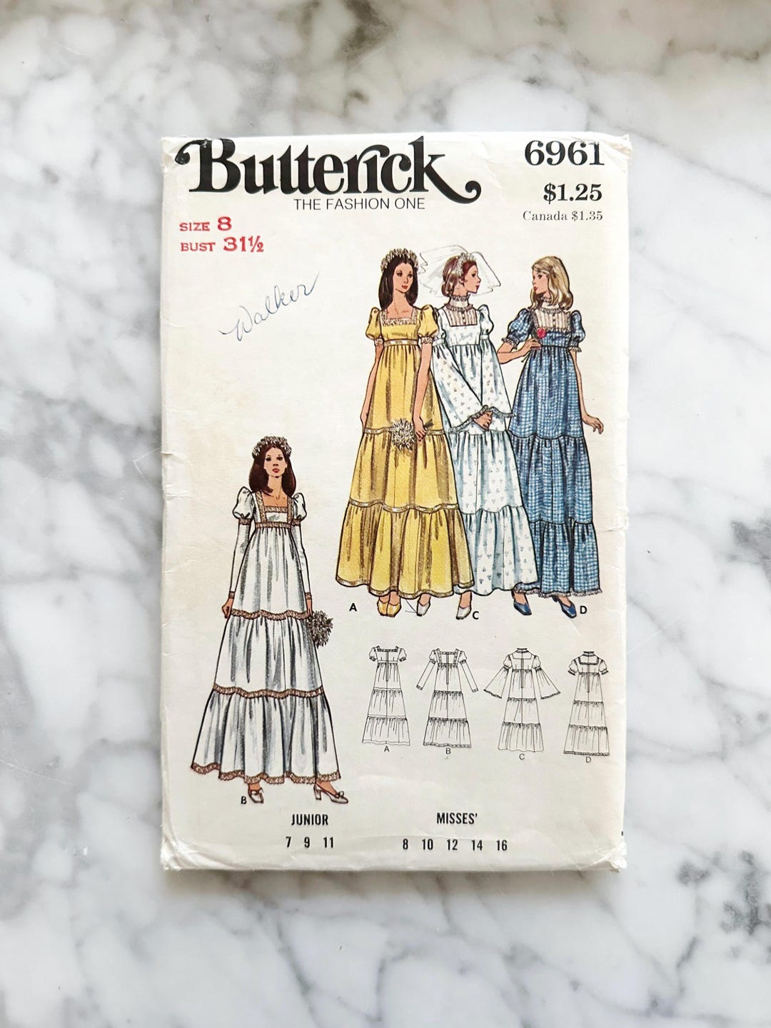 70s Butterick 6961. 31.5 Bust Puff Bell Sleeve Bridesmaid Cottage Core ...