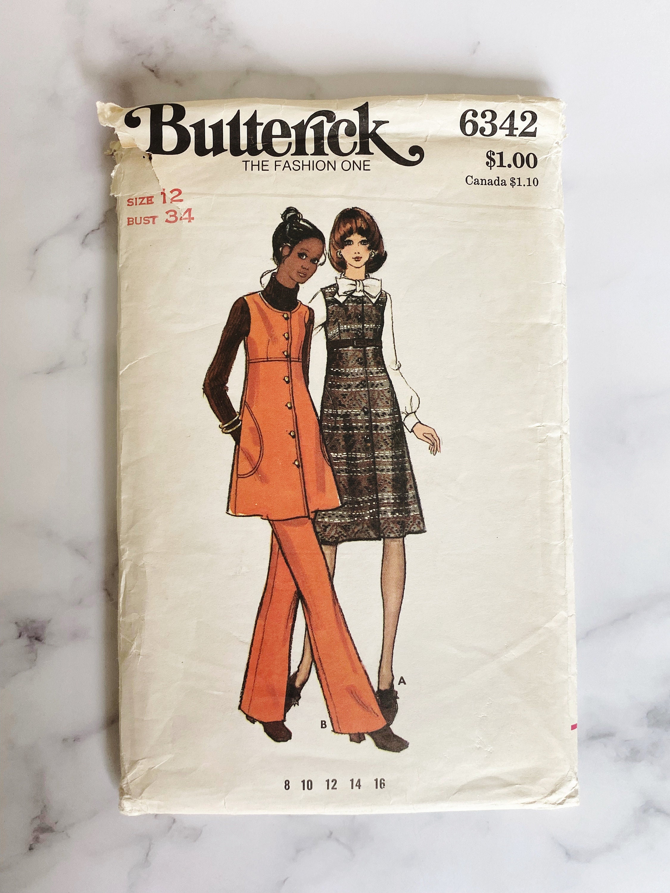 70s Butterick 6342. 34 Bust. Retro Buttoned Jumper Dress or Tunic With ...