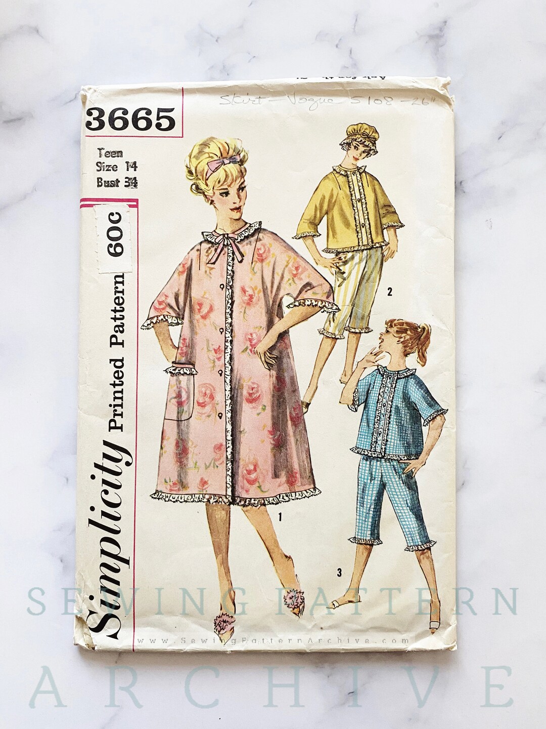 60s Simplicity 3665 . 34 Bust Teen. Uncut Ff Ruffle Edge Nightgown Robe + Bonnet + Pajama Capri ...
