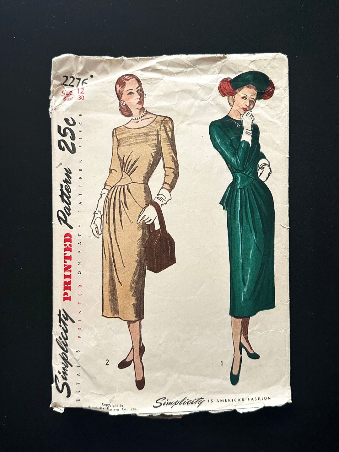 40s Simplicity 2276. 30 Bust. Asymmetrical Gathered Bodice Fitted Slim ...