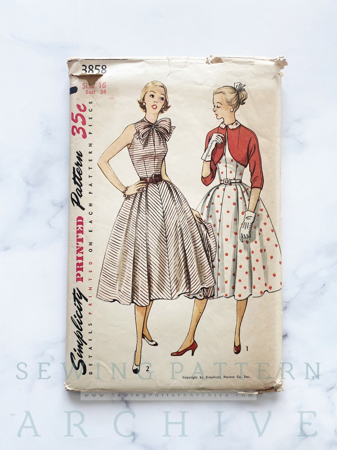 50s Simplicity 3858. 34 Bust. Full Flare Midi Skirt Halter Collar Bow ...