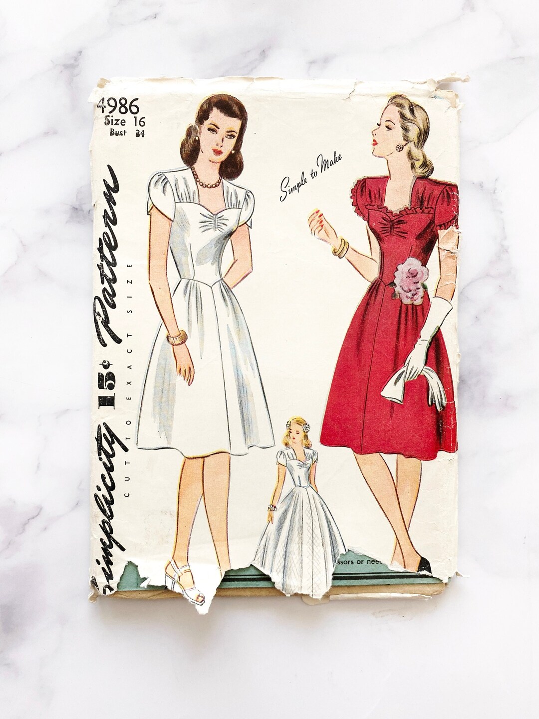 1940s Evening Gown Sewing Pattern: Simplicity 4986, 34 Bust, Sweetheart ...