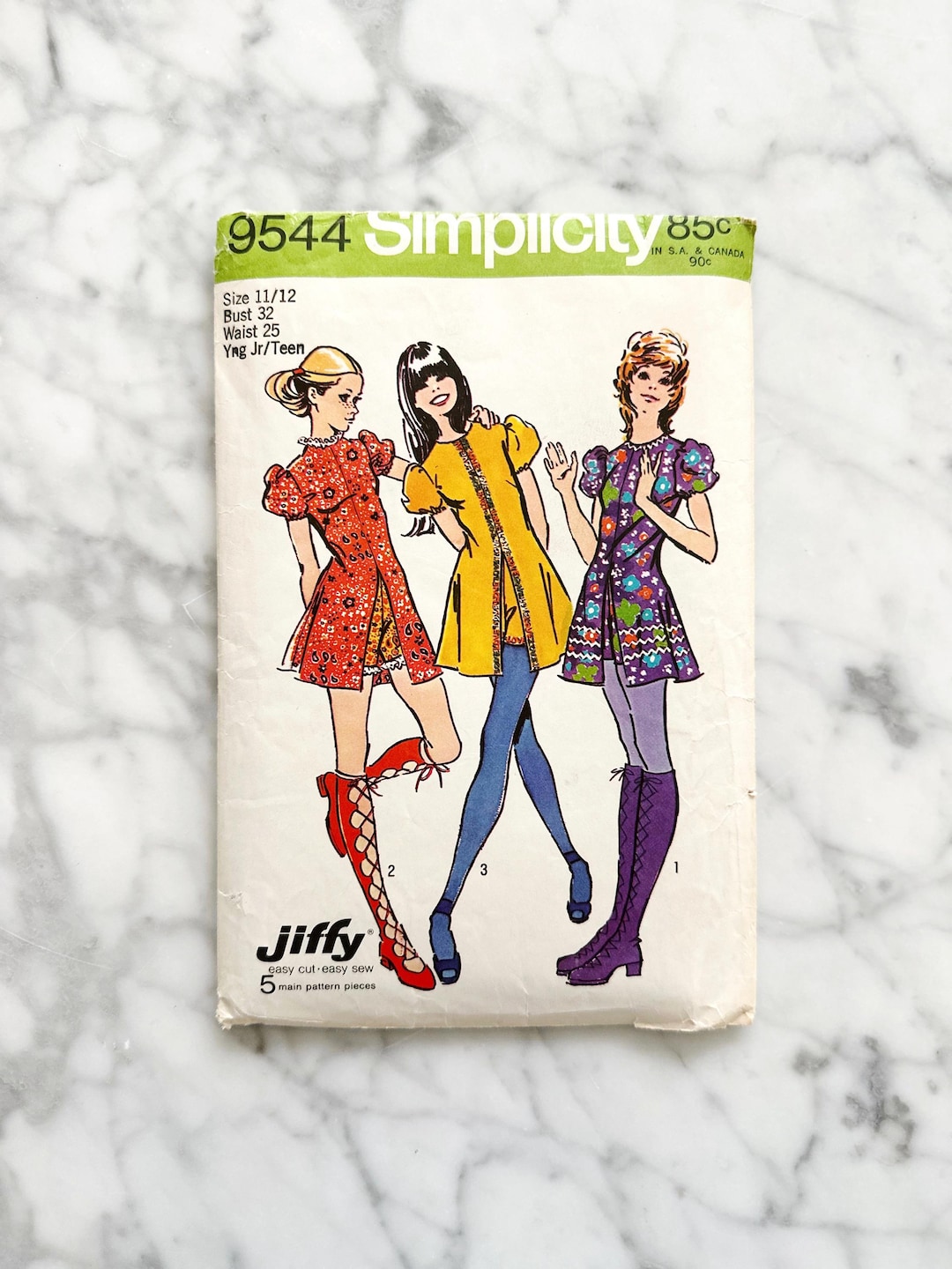 70s Simplicity 9544. 32 Bust. Mod Puff Sleeve Front Slit Mini Babydoll ...